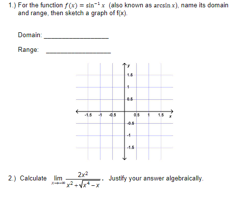 Solved 1.) ﻿For the function f(x)=sin-1x (also known as | Chegg.com