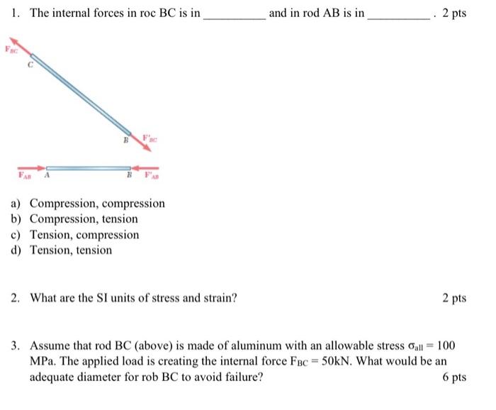 Solved 1. The internal forces in roc BC is in and in rodAB | Chegg.com