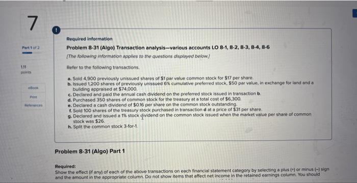 Solved Required information Problem 8-31 (Algo) Transaction | Chegg.com