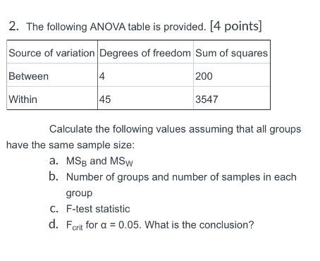 Solved 2. The following ANOVA table is provided. [4 points) | Chegg.com