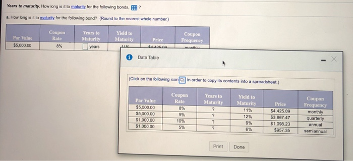 Solved Years to maturity. How long is it to maturity for the | Chegg.com