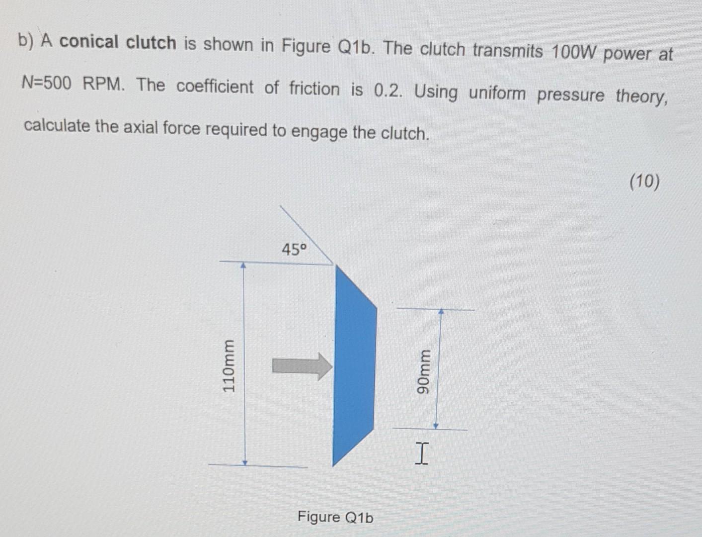 Solved A conical clutch is shown in Figure Q1b. The clutch | Chegg.com