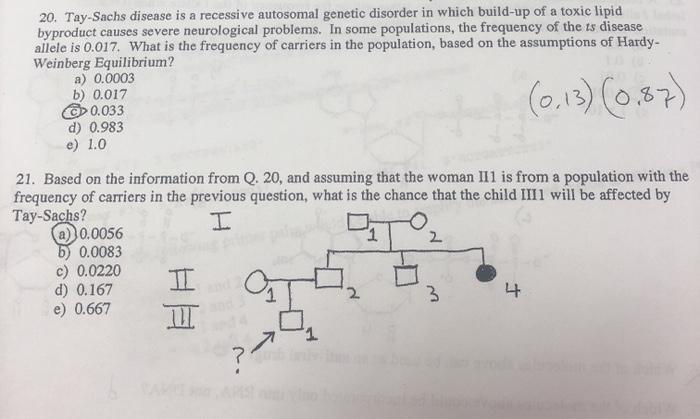 Solved 20. Tay-Sachs disease is a recessive autosomal | Chegg.com