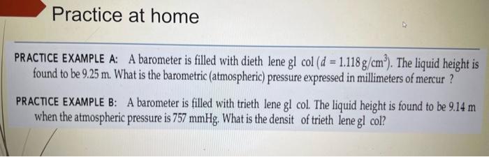 Solved PRACTICE EXAMPLE A: A barometer is filled with dieth | Chegg.com