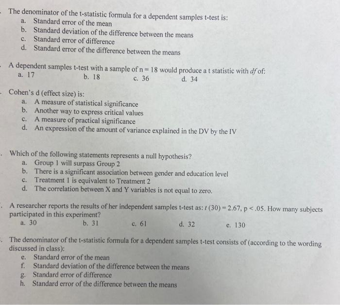 Solved - The denominator of the t-statistic formula for a | Chegg.com