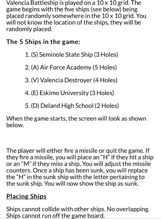 Solved C programming. Valencia Battleship is played on a 10 | Chegg.com