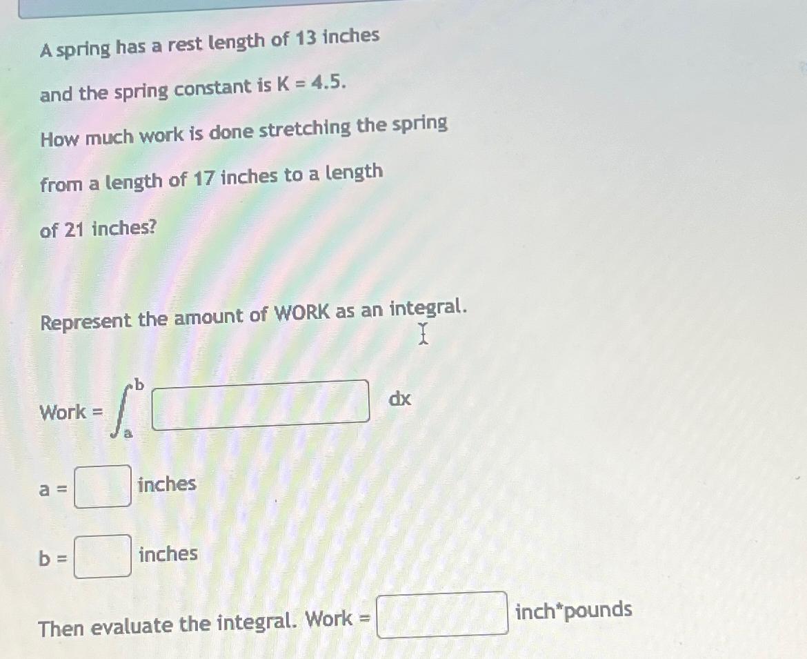 Solved A spring has a rest length of 13 ﻿inches and the | Chegg.com