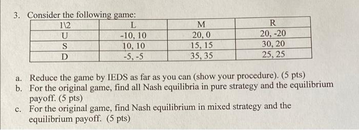 Solved 3. Consider the following game: 1\2 L U -10,10 S 10, | Chegg.com