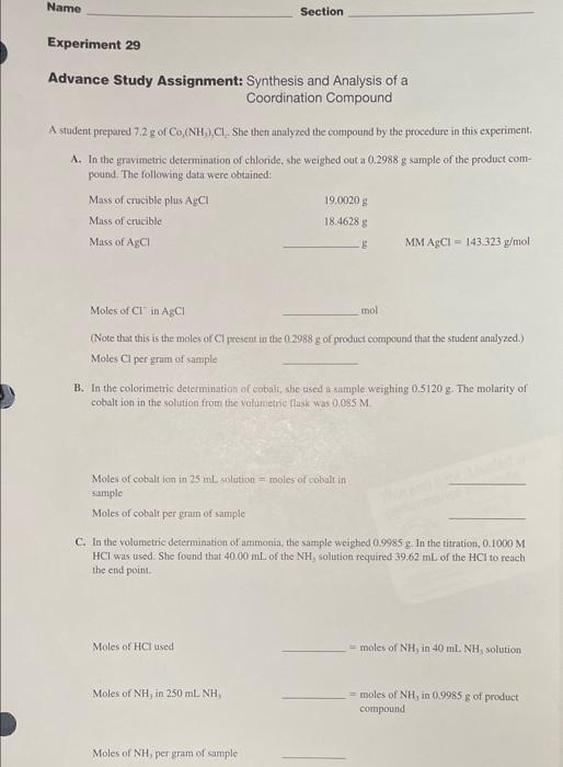 Solved Name Section Experiment 29 Advance Study Assignment: | Chegg.com