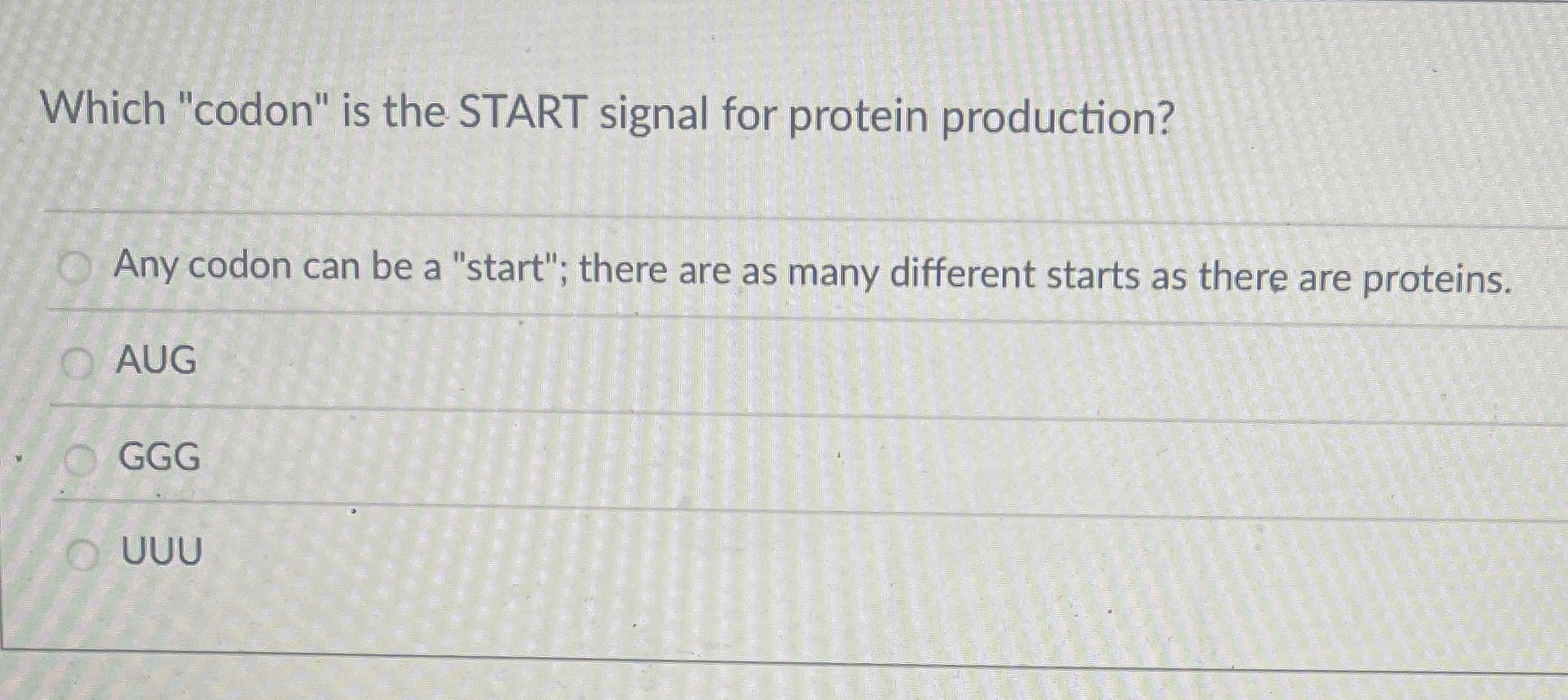 Solved Which "codon" is the START signal for protein | Chegg.com