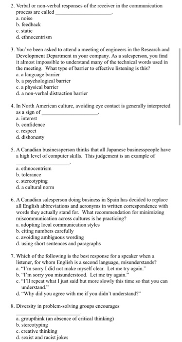 Solved 2. Verbal or non-verbal responses of the receiver in | Chegg.com