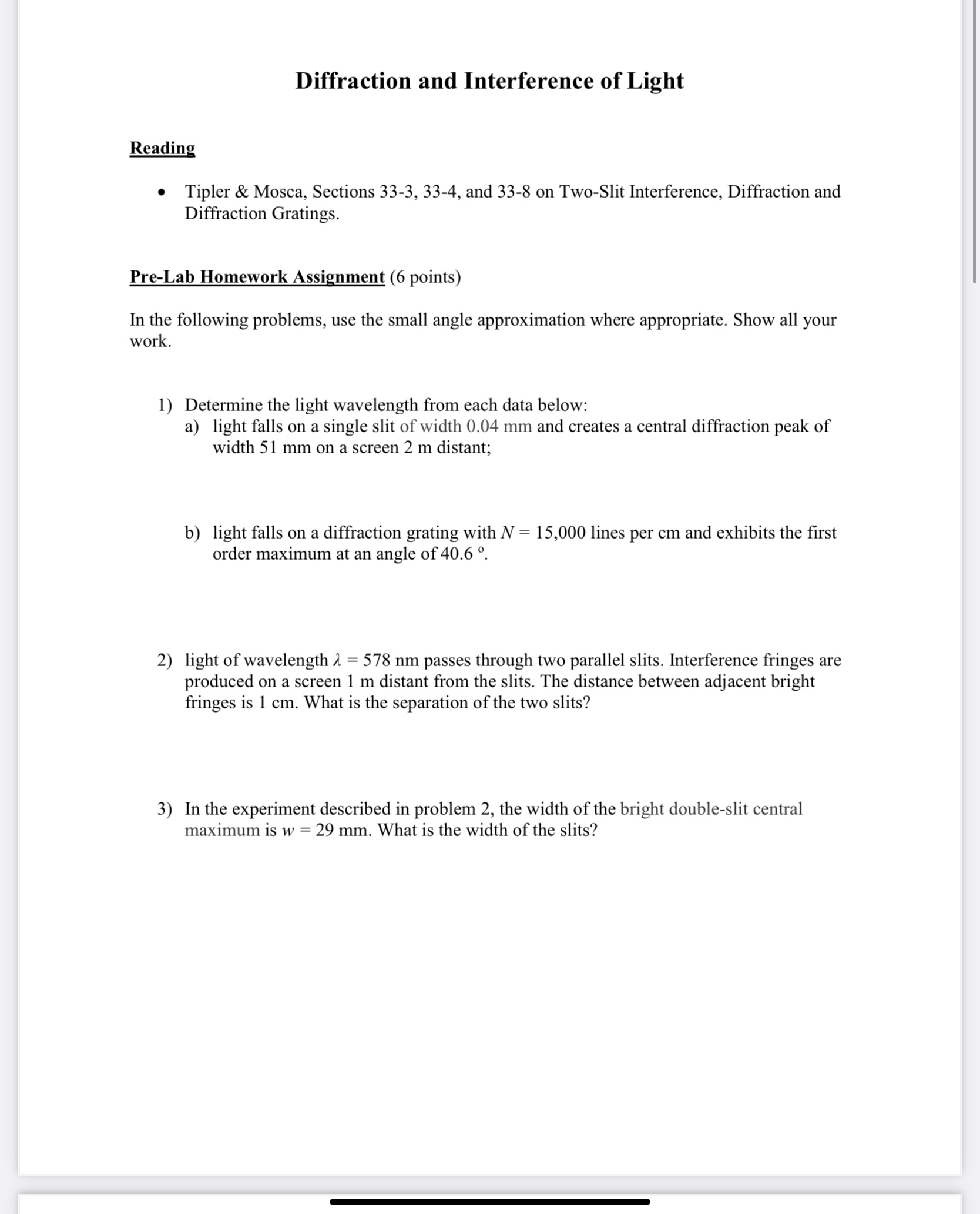 Solved Diffraction and Interference of LightReadingTipler & | Chegg.com