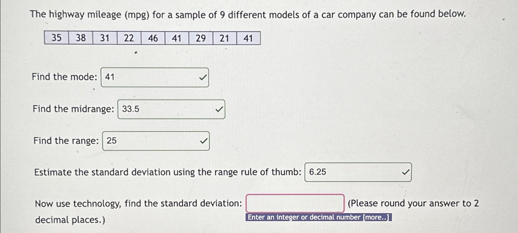 Solved The highway mileage (mpg) ﻿for a sample of 9 | Chegg.com