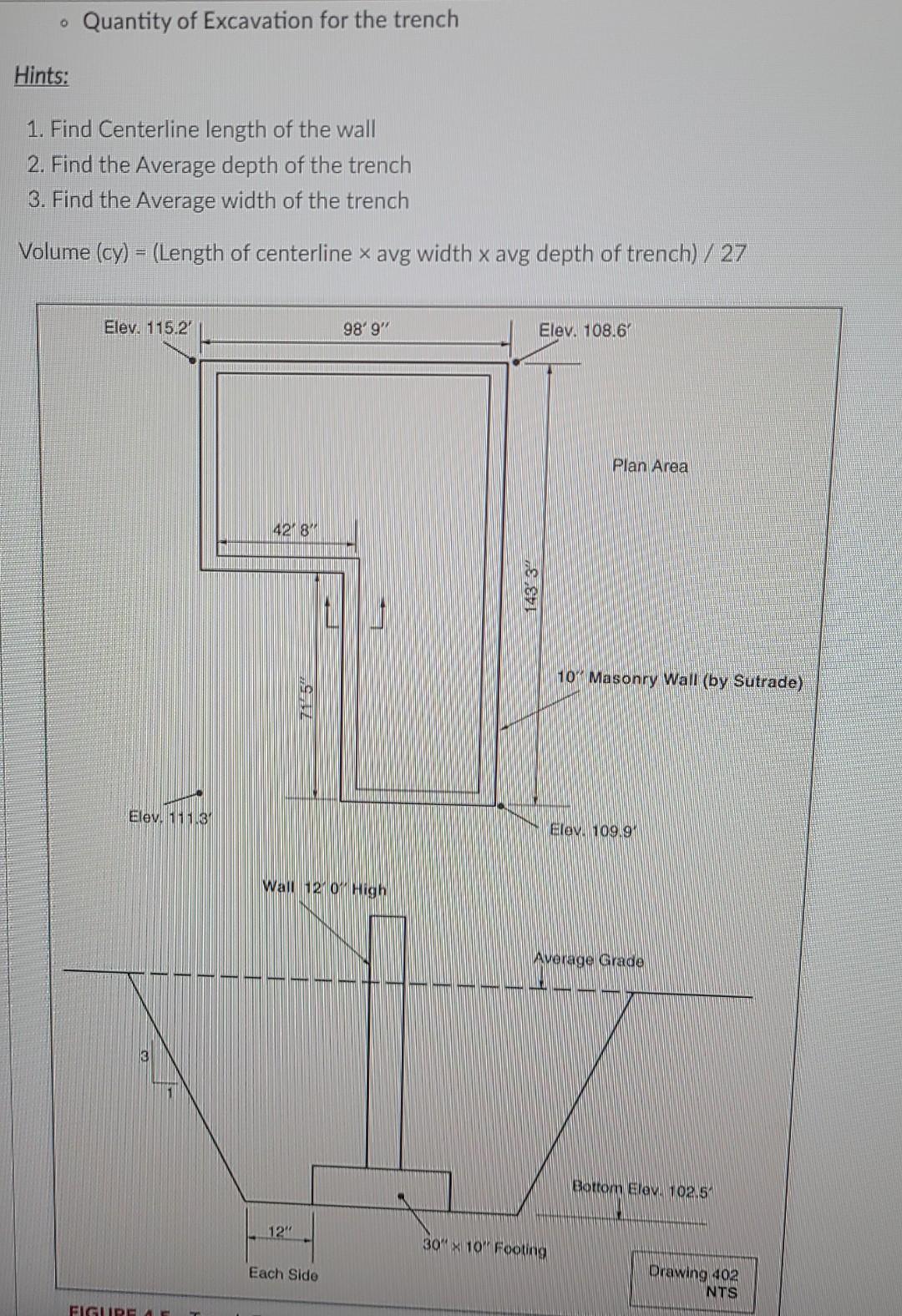 Solved o Quantity of Excavation for the trench Hints: 1. | Chegg.com