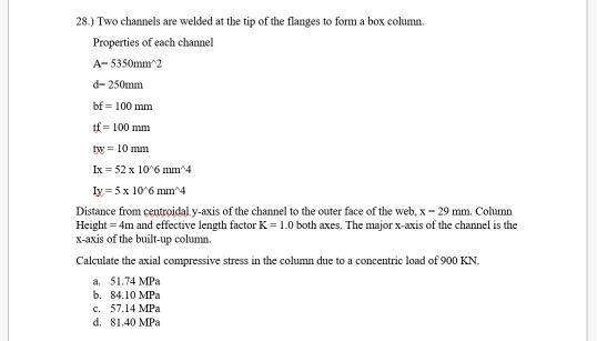 Solved 28.) Two channels are welded at the tip of the | Chegg.com