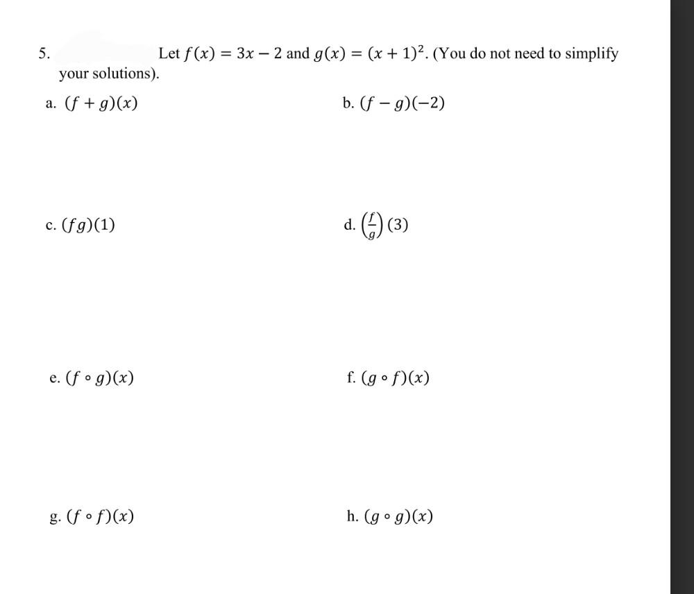 Solved 5. Let f(x)=3x−2 and g(x)=(x+1)2. (You do not need to | Chegg.com Solved 5. Let f(x)=3x−2 and g(x)=(x+1)2. (You do not need to | Chegg.com