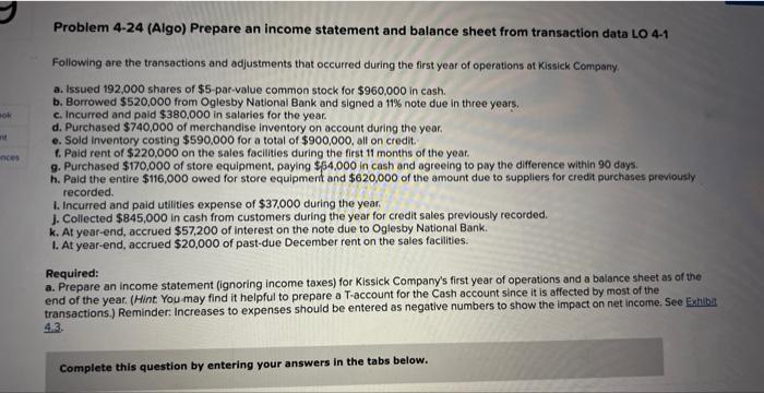 Solved Problem 4-24 (Algo) Prepare an income statement and | Chegg.com