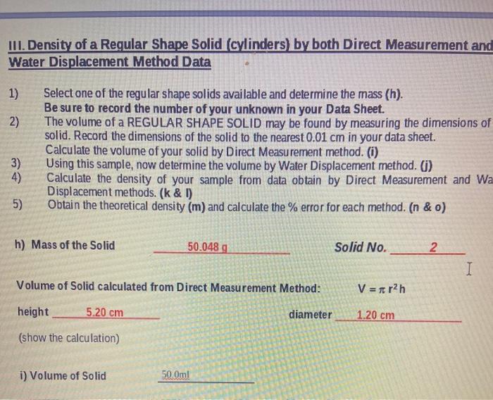 Solved III. Density of a Regular Shape Solid (cylinders by | Chegg.com