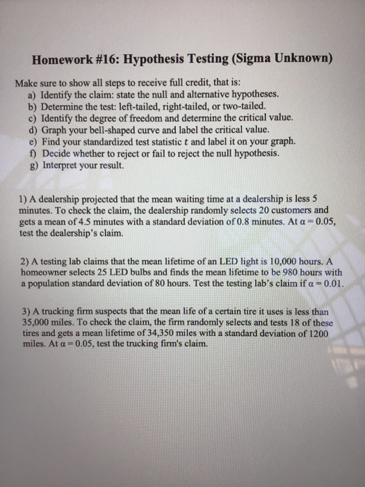 Solved Homework #16: Hypothesis Testing (Sigma Unknown) Make | Chegg.com