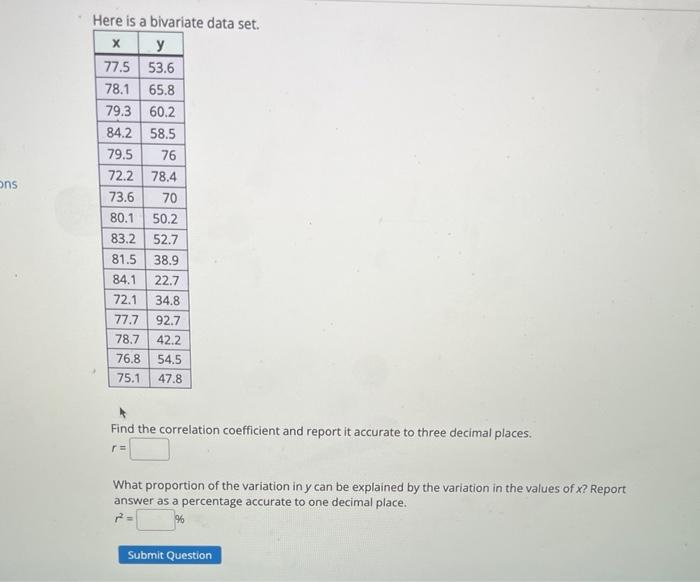 Solved Here is a bivariate data set. Find the correlation | Chegg.com