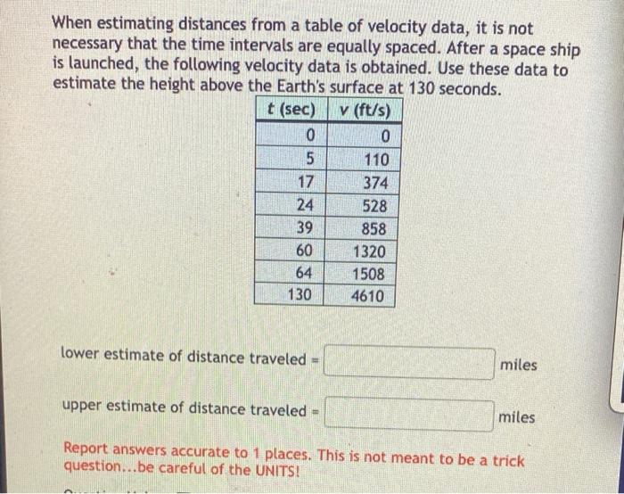 Solved When estimating distances from a table of velocity | Chegg.com