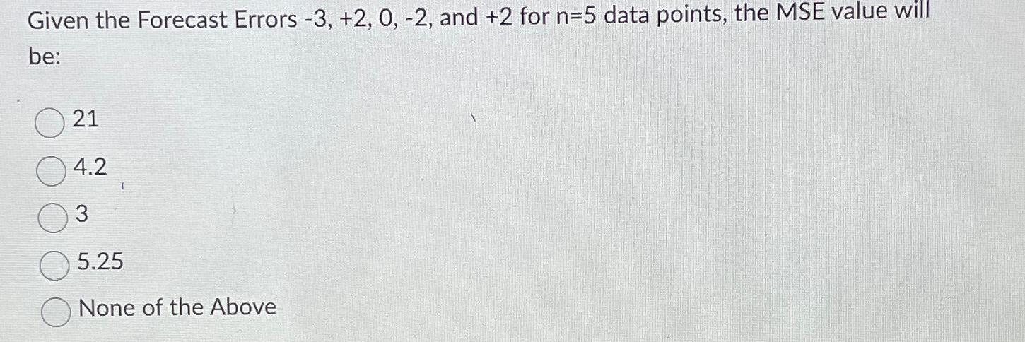 Solved Given the Forecast Errors -3,+2,0,-2, ﻿and +2 ﻿for | Chegg.com