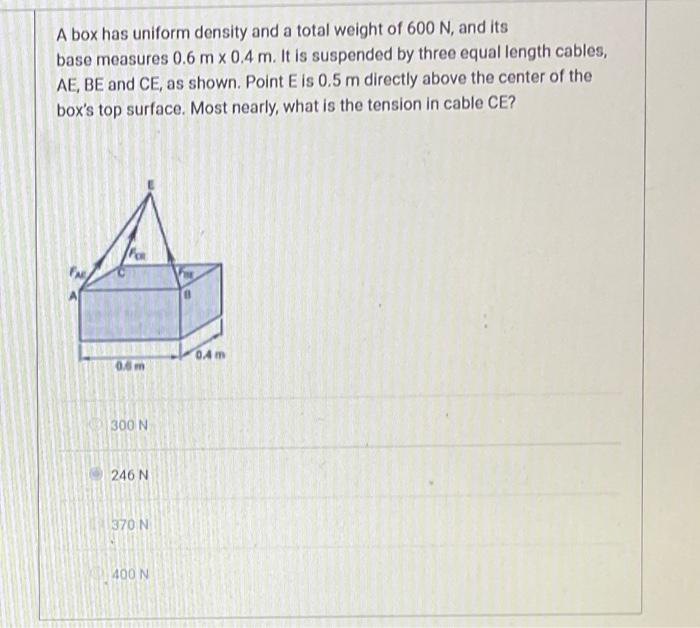 Solved A box has uniform density and a total weight of 600 | Chegg.com