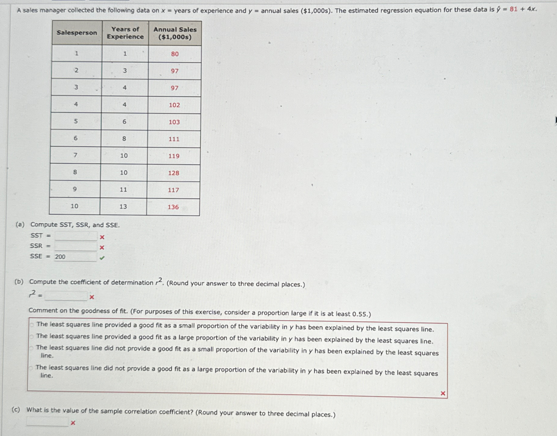 Solved A sales manager collected the following data on x= | Chegg.com