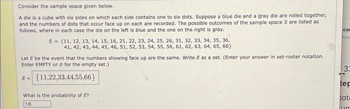Solved cat Jou Consider the sample space given below. A die | Chegg.com