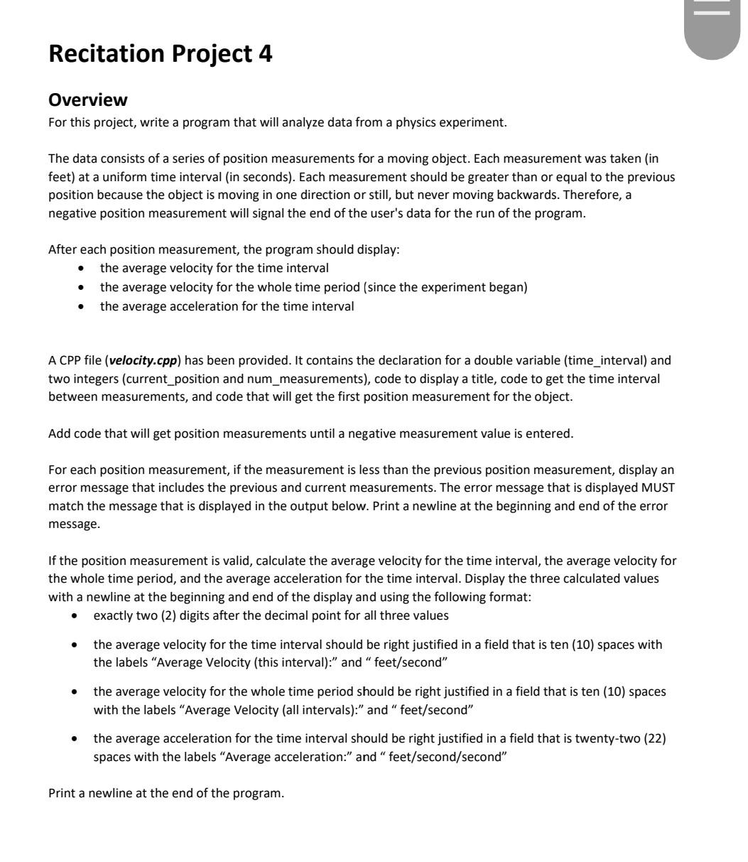 Solved /* Recitation Project 4 - Velocity of moving object | Chegg.com