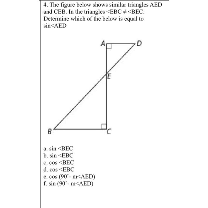 Solved The figure below shows similar triangles AED and CEB. | Chegg.com