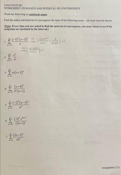 Solved CALCULUS BC WORKSHEET ON RADIUS AND INTERVAL OF | Chegg.com