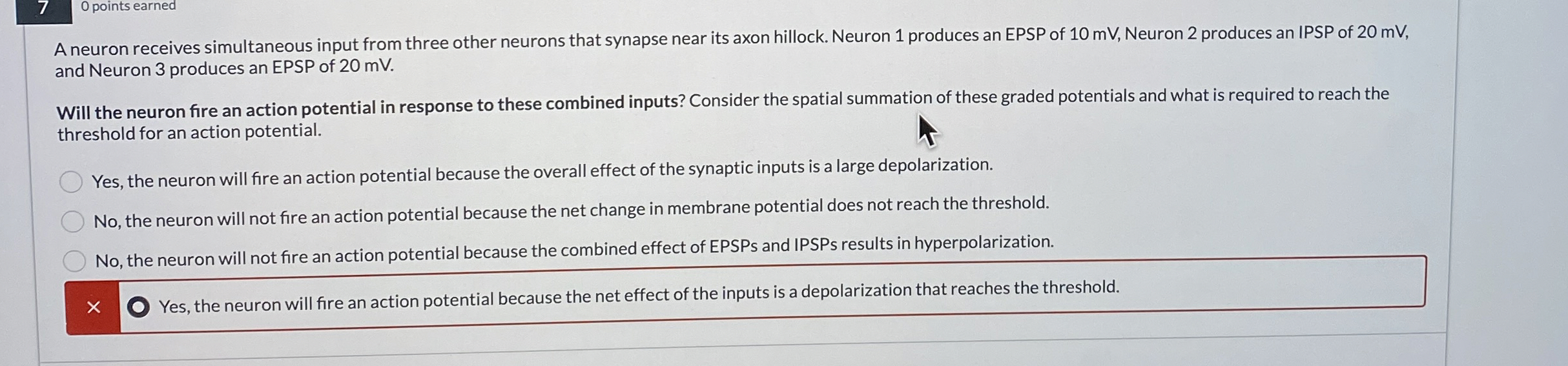 Solved A neuron receives simultaneous input from three other | Chegg.com