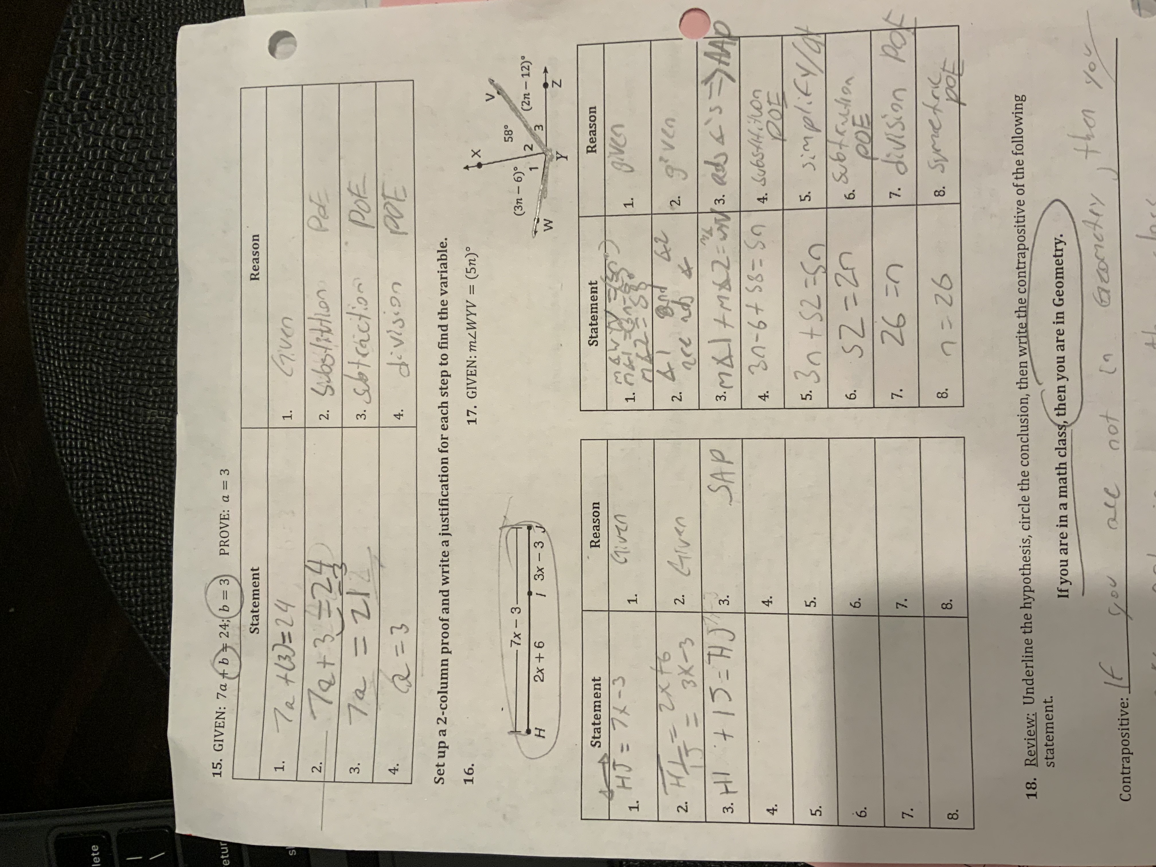 Solved DADO:7a+b=24;b=3 ﻿PROBAR:a=3 ﻿Establezca una prueba | Chegg.com