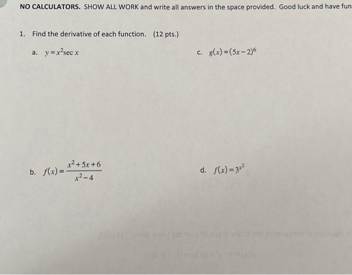 Solved NO CALCULATORS. SHOW ALL WORK and write all answers | Chegg.com