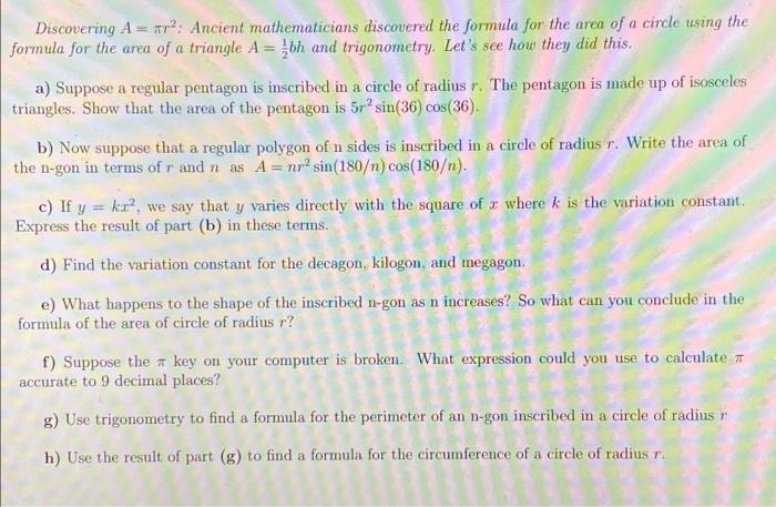 Solved Discovering A = 7r2: Ancient mathematicians | Chegg.com