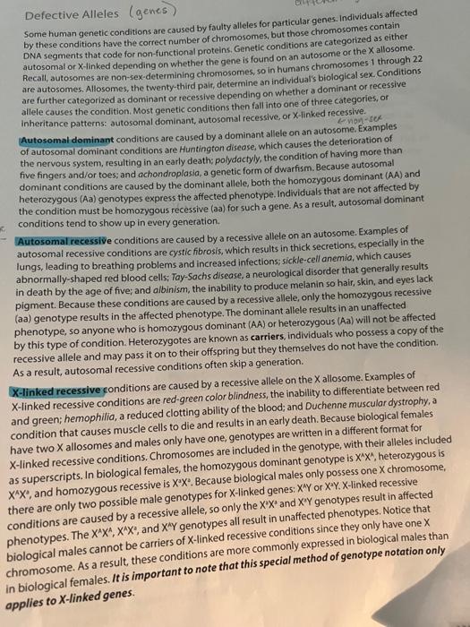 Solved Defective Alleles (genes) Some human genetic | Chegg.com