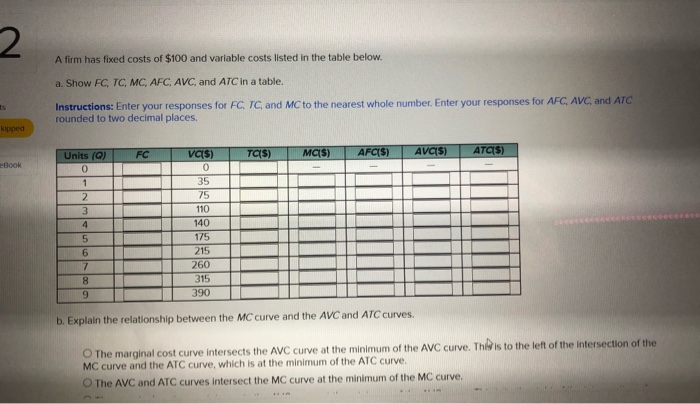 Solved 2 A firm has fixed costs of $100 and variable costs | Chegg.com