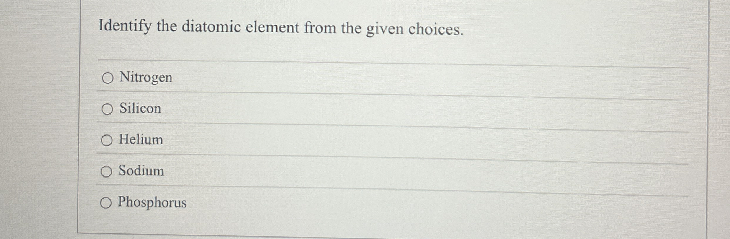 Solved Identify the diatomic element from the given | Chegg.com