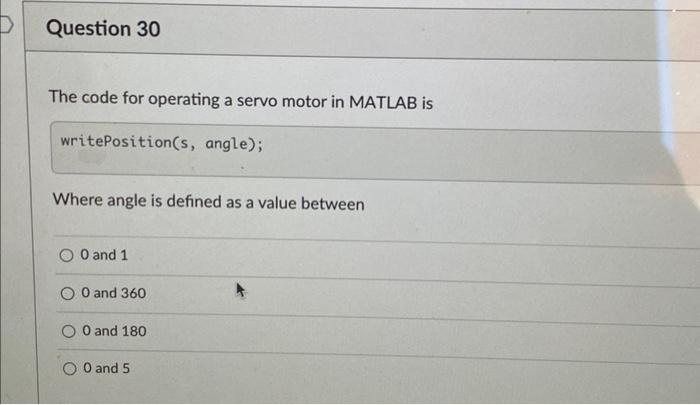Solved The code for operating a servo motor in MATLAB is | Chegg.com