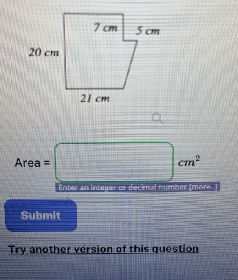 Solved Area = cm2Enter an integer or decimal number | Chegg.com