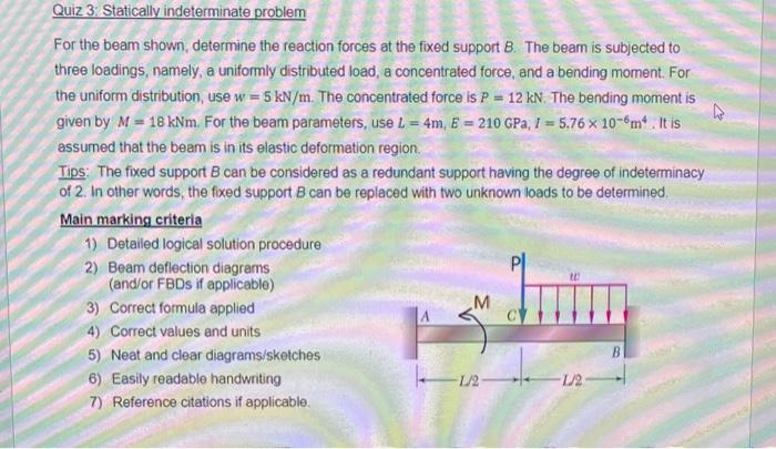 Solved Quiz 3. Statically indeterminate problem For the beam | Chegg.com
