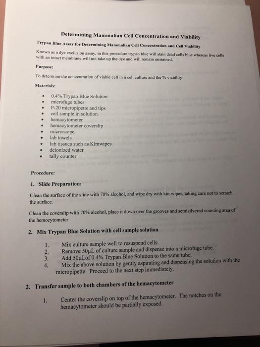 Solved give one hint for success when using the trypan blue | Chegg.com