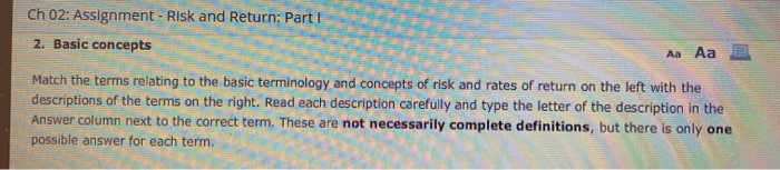 Solved Ch 02: Assignment - Risk and Return: Part 1 2. Basic | Chegg.com