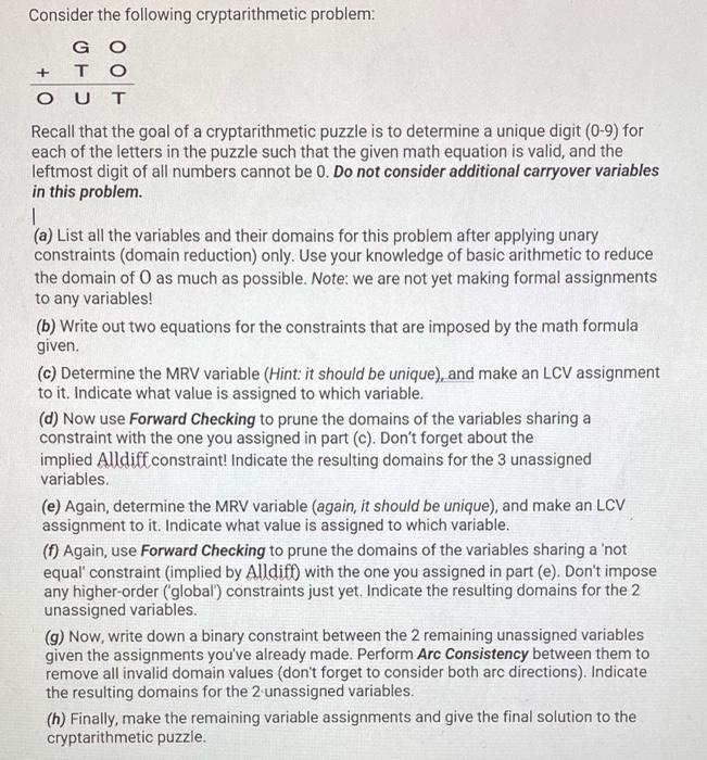 Solved + Consider the following cryptarithmetic problem: GO | Chegg.com