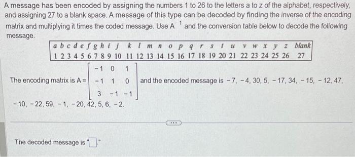 A message has been encoded by assigning the numbers 1 | Chegg.com