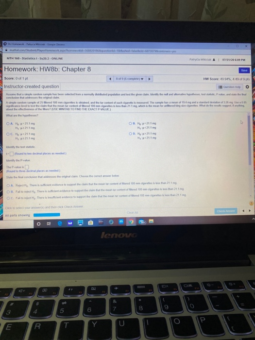 Solved MTH 160 - Statistics 520.2. ONUNE Patryca Mick 1 | Chegg.com