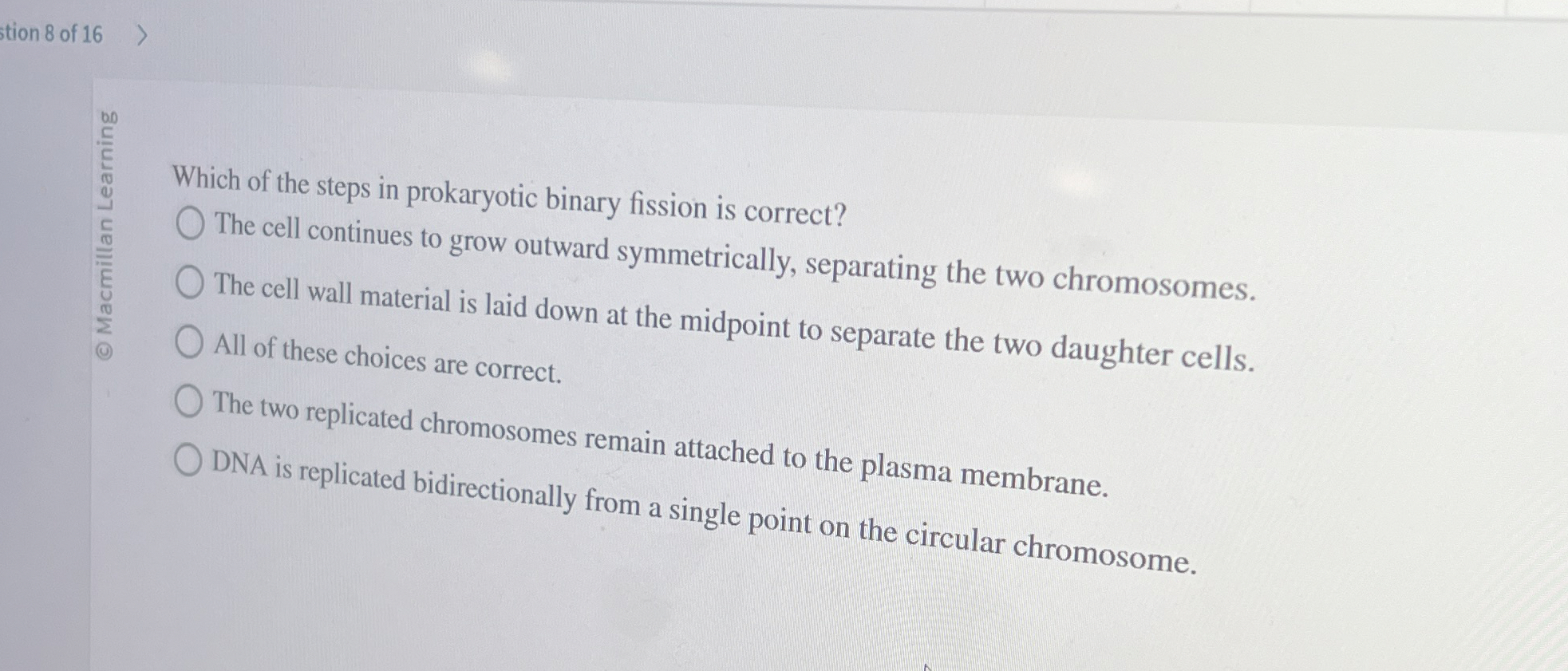 Solved tion 8 ﻿of 16Which of the steps in prokaryotic binary | Chegg.com