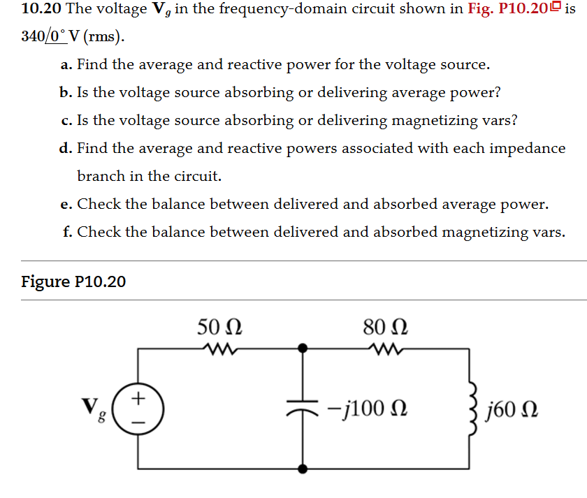 Solved 10.20 ﻿The voltage \( \mathbf{V}_{g} \) ﻿in the | Chegg.com