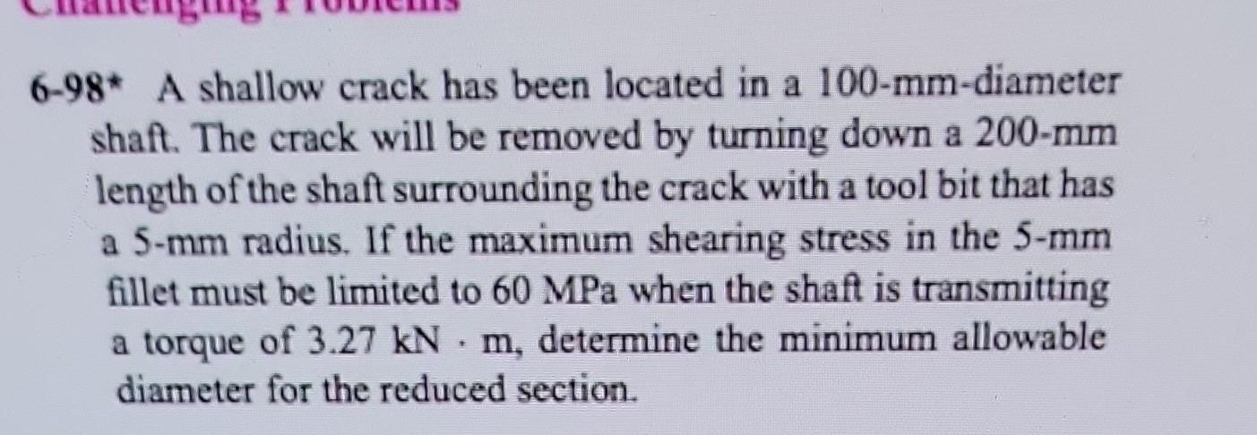Solved 6-98* A shallow crack has been located in a | Chegg.com